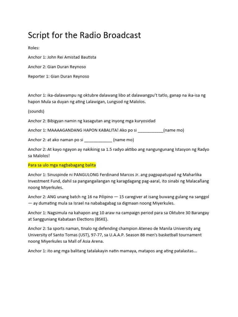 Script For The Radio Broadcast 1 | PDF
