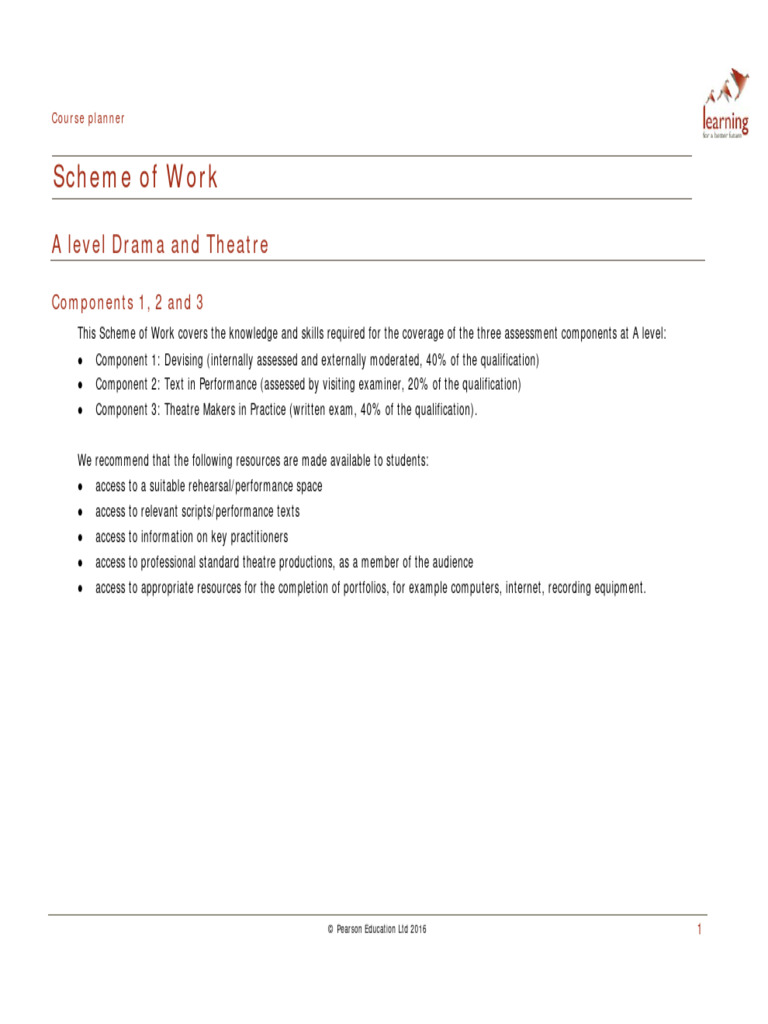 AS and A Level Drama and Theatre Scheme of Work A Level | PDF