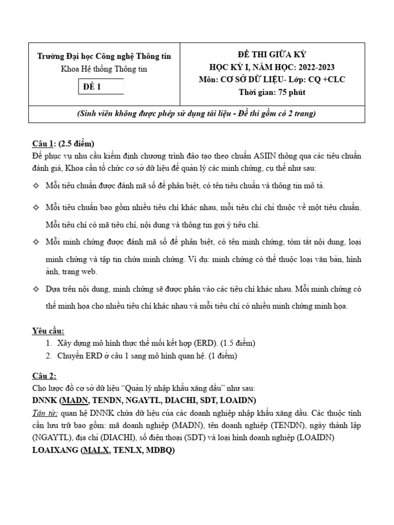 2022 - 2023 - HK1 - de Thi Giua Ky - CSDL | PDF