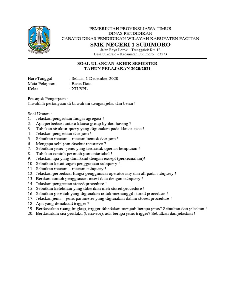Soal Basis Data XII RPL | PDF | Karier & Perkembangan | Komputer