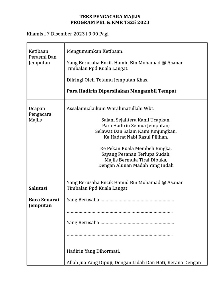 Teks Pengacara Majlis KMR TS25 2023 | PDF