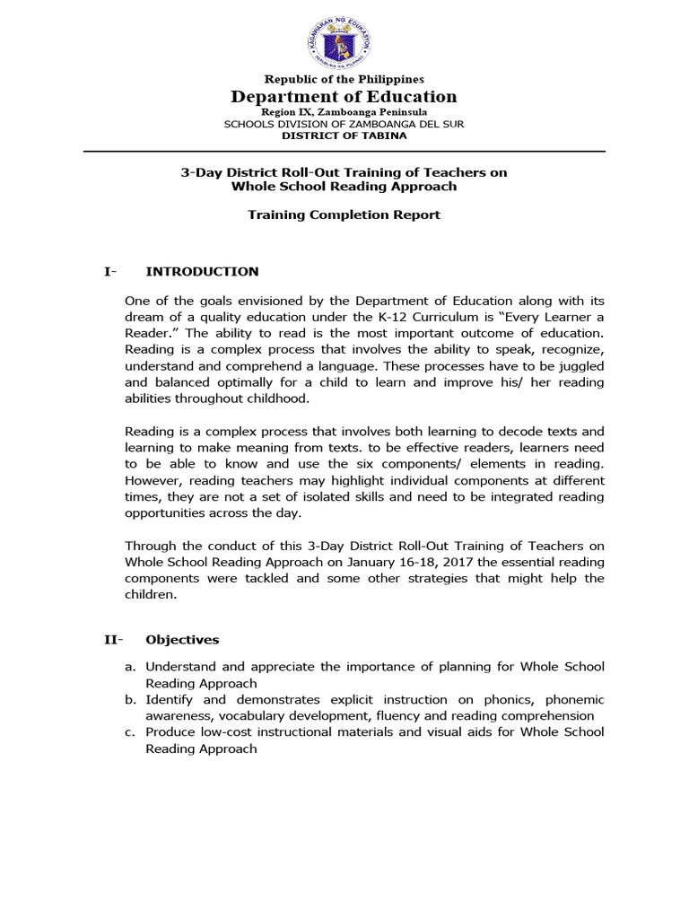 Roll - Out Training On Reading Approach Training Completion Report | Download Free PDF | Human ...