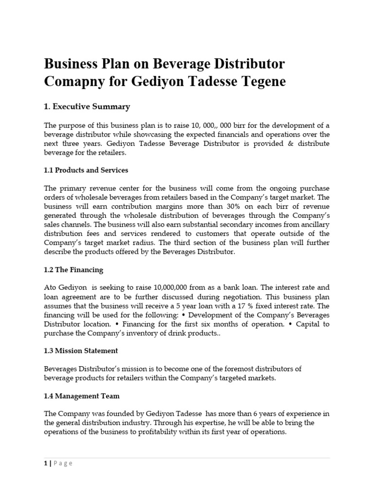 Business Plan For Distrubutor Gediyon | PDF | Depreciation | Expense