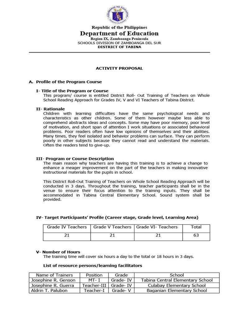 Roll - Out Training On Reading Approach Proposal | PDF