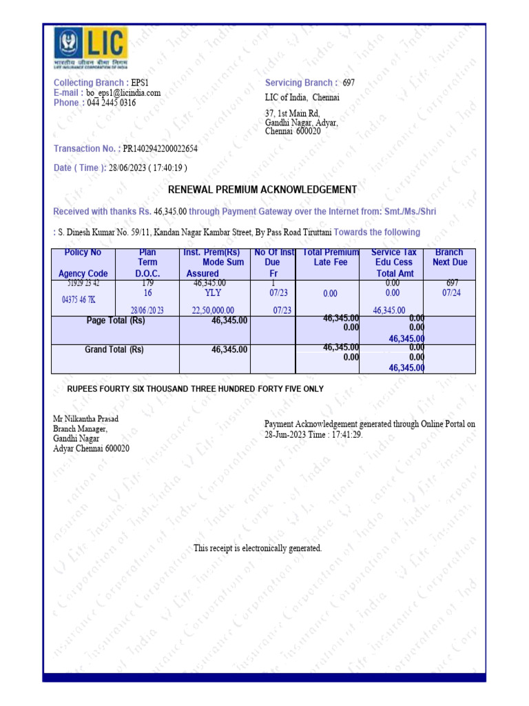 LIC Receipt PDF | PDF