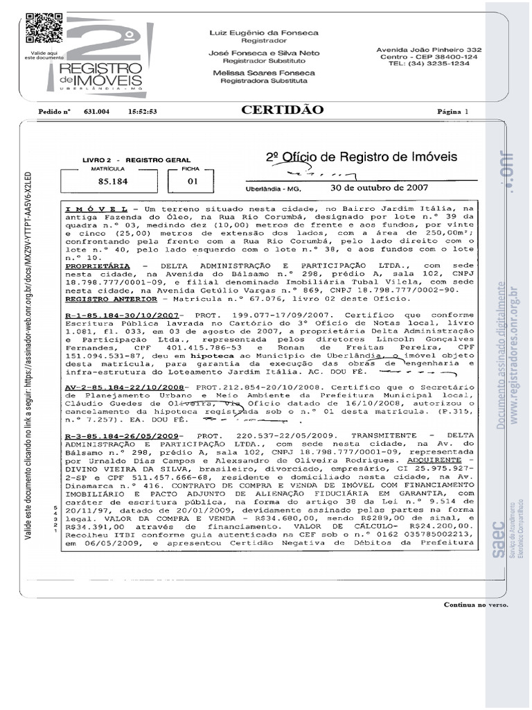 Certidão Matrícula Imóvel Inteiro Teor Atualizada - João Batista | PDF