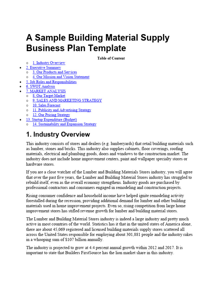 A Sample Building Material Supply Business Plan Template | PDF | Retail | Business