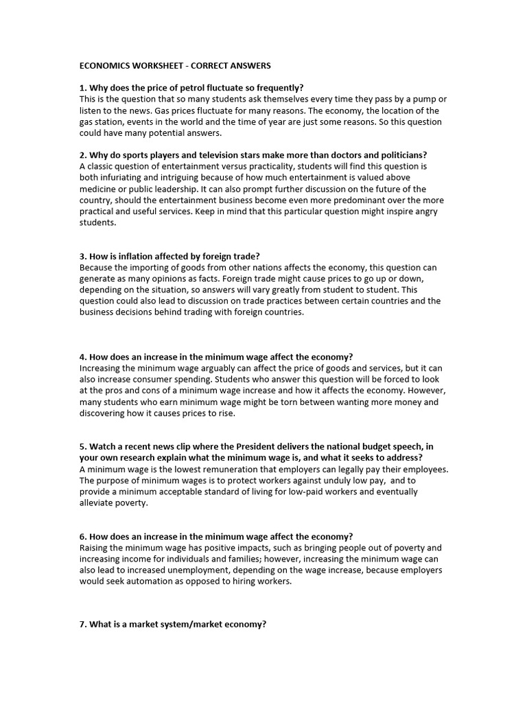 Economics Worksheet Answers | PDF | Unemployment | Minimum Wage