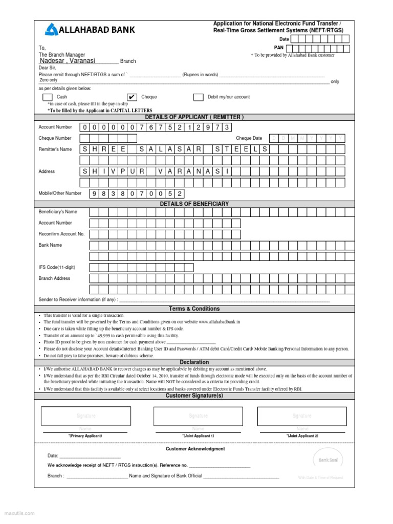 Indian Bank RTGS Form | PDF | Financial Technology | Finance & Money ...