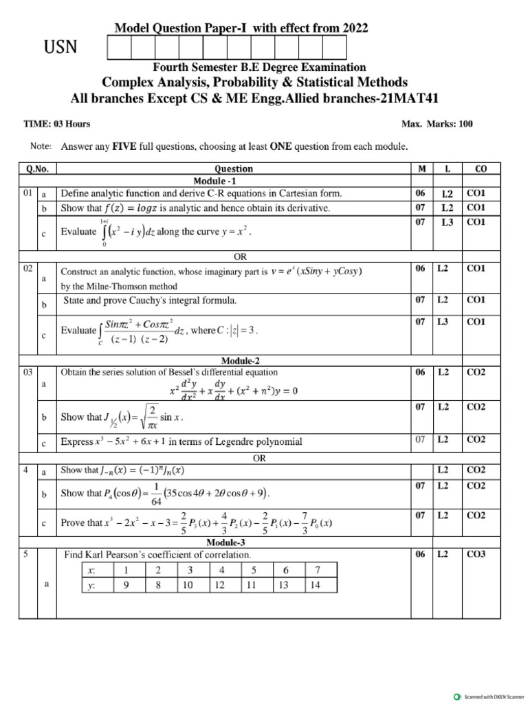 Model Question Paper 1 21MAT41 For All Except ME AND CS ALLIED BRANCHES | PDF