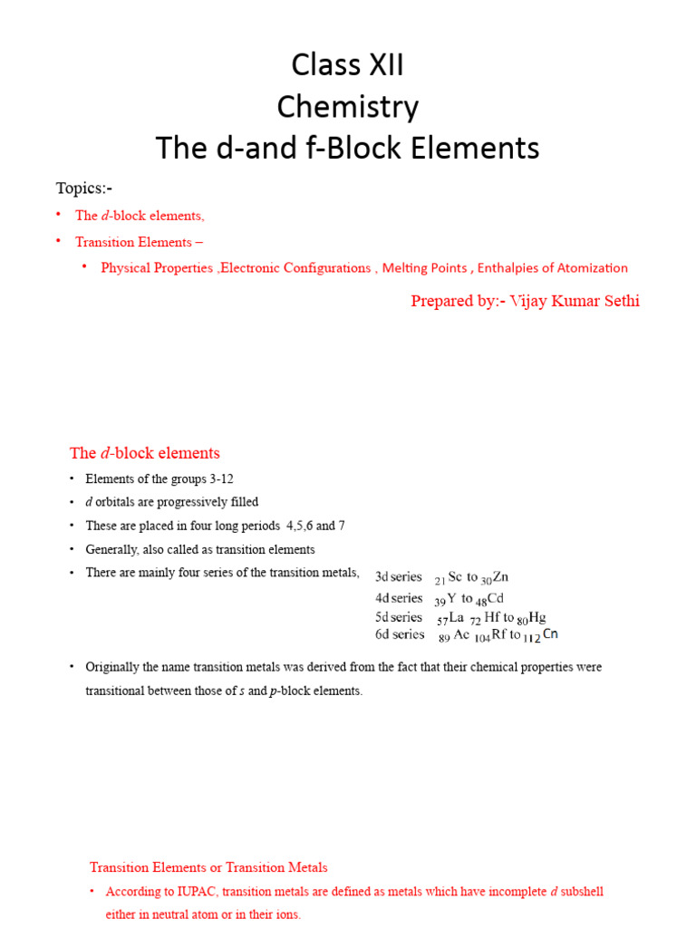 Class 12 Chapter 8 The D-And F-Block Elements | PDF