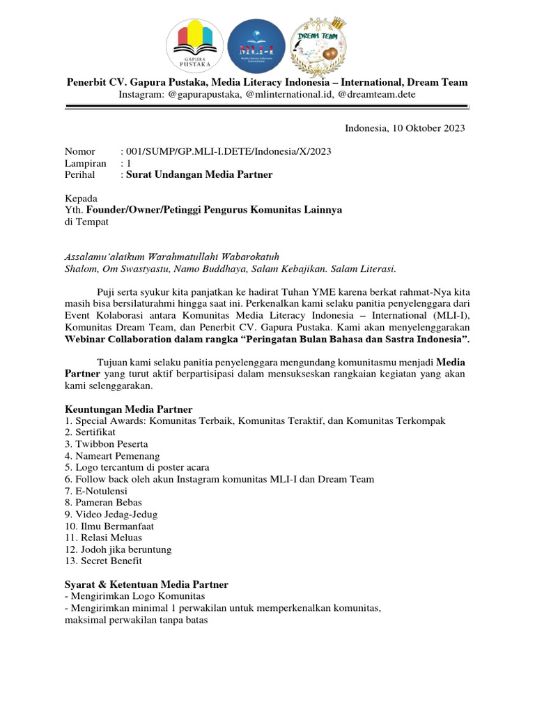 Surat Undangan Media Partner Gapura Pustaka, MLI-I, Dan Dream Team-1 | PDF