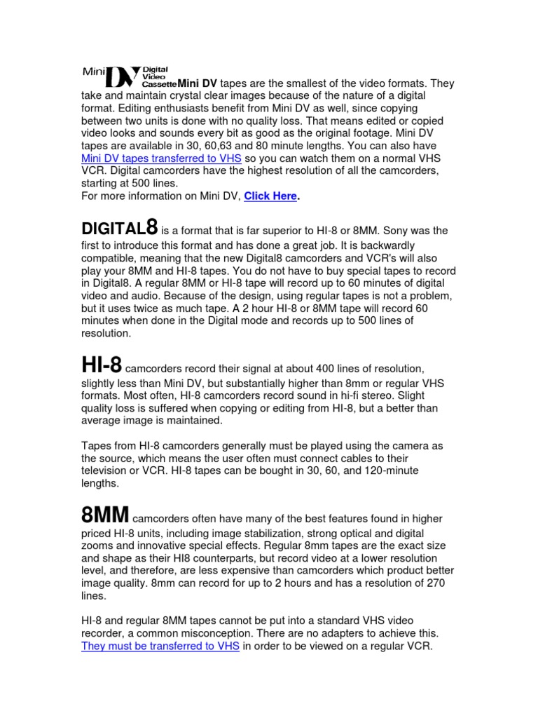 Video Tape Formats & Information | PDF | Videotape | Videocassette Recorder
