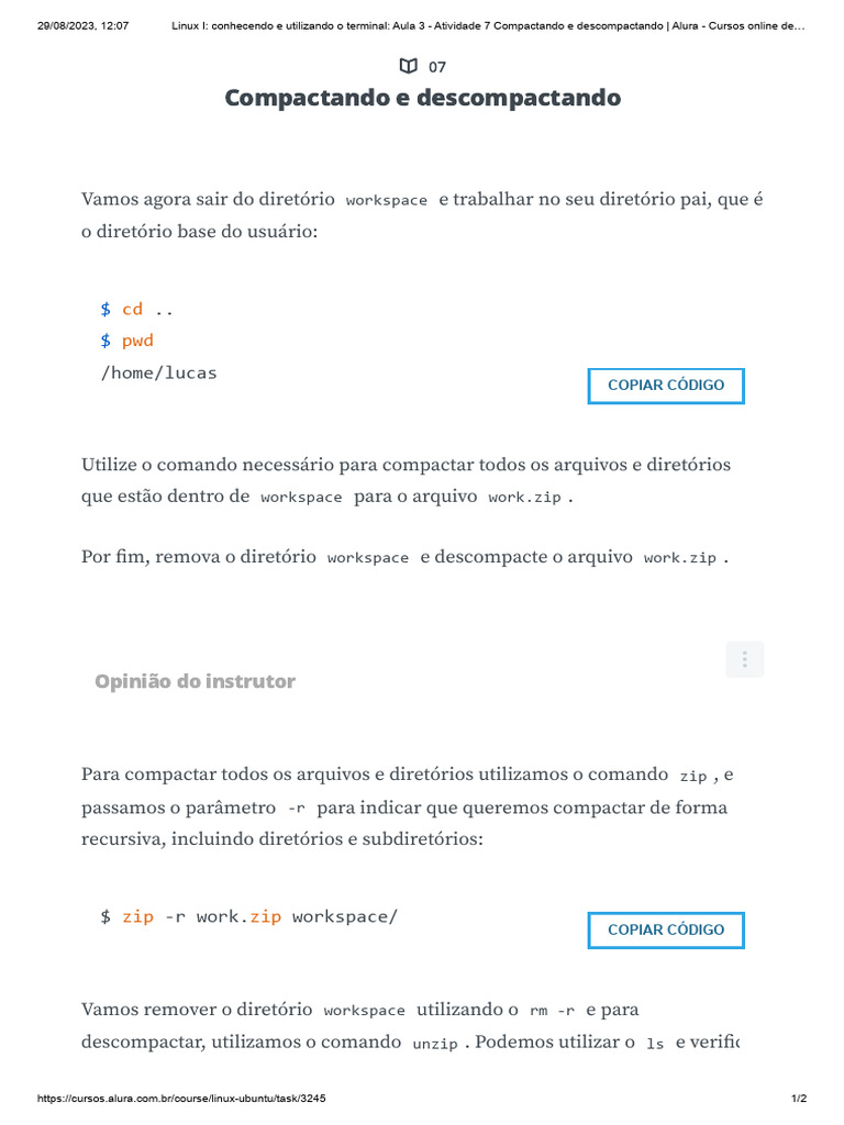 Linux I - Conhecendo e Utilizando o Terminal - Aula 3 - Atividade 7 Compactando e Descompactando ...