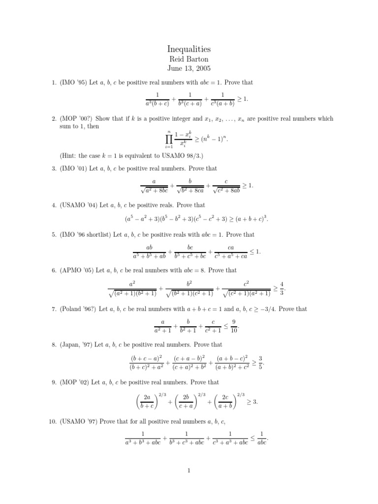 Fun Inequalities - Reid Barton - MOP 2005 | PDF | Mathematical Analysis ...