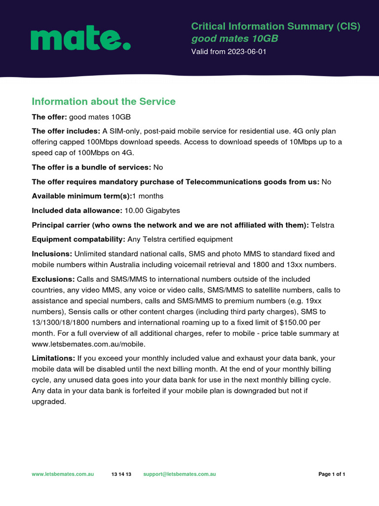 Critical Information Summary (CIS) : Good Mates 10GB | PDF | Roaming ...