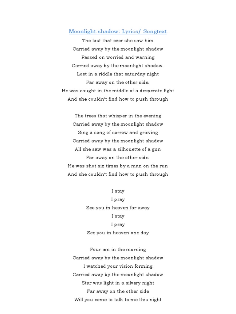 Moonlight Shadow Lyrics | PDF