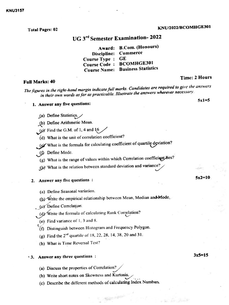 Bcom 3 Sem Hons Commerce Business Statistics Bcomhge301 2022 | PDF