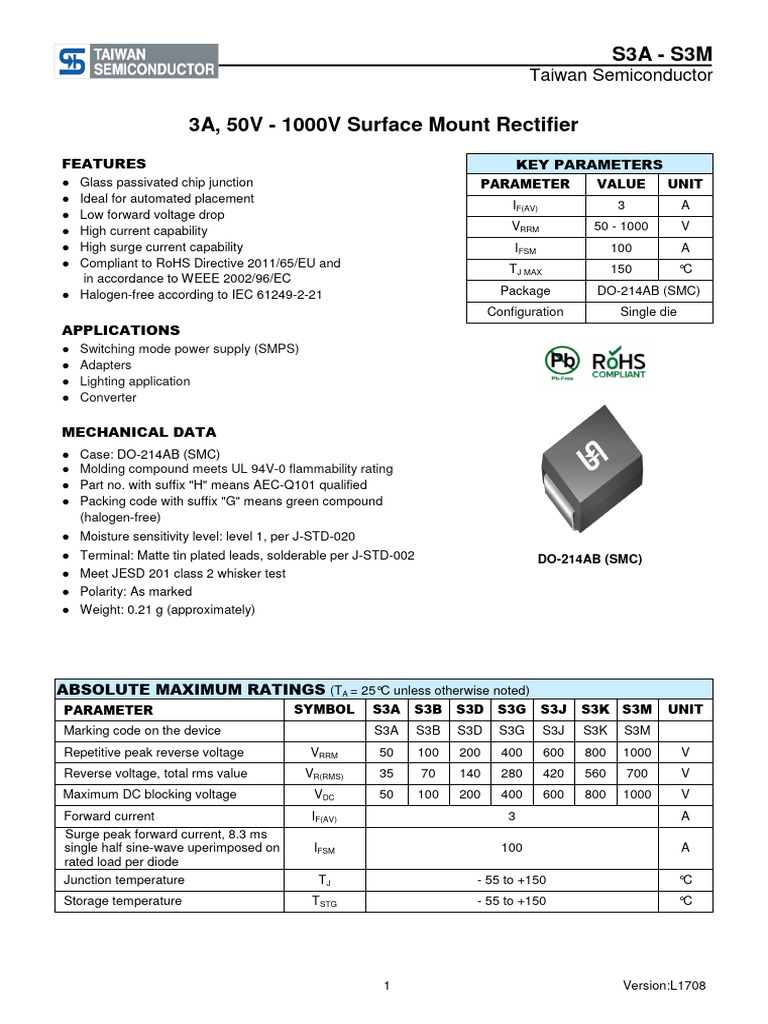 50V-1000V Surface Mount Rectifier Specs | PDF | Diode | Electrical ...