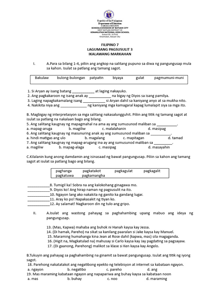 FILIPINO 7 Summative Test 3 | PDF