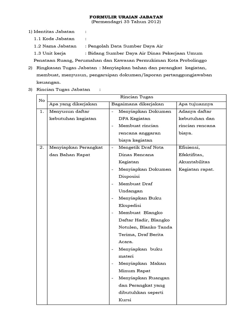FORMULIR URAIAN JABATAN 2020 (Pengolah Data SDA) | PDF