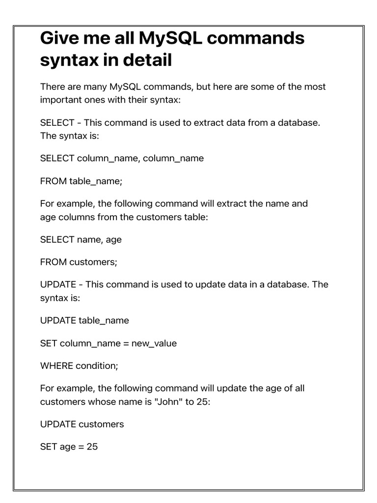 Give Me All MySQL Commands Syntax in Detail | PDF | Database Index ... Give Me All MySQL Commands Syntax in Detail | PDF | Database Index ...