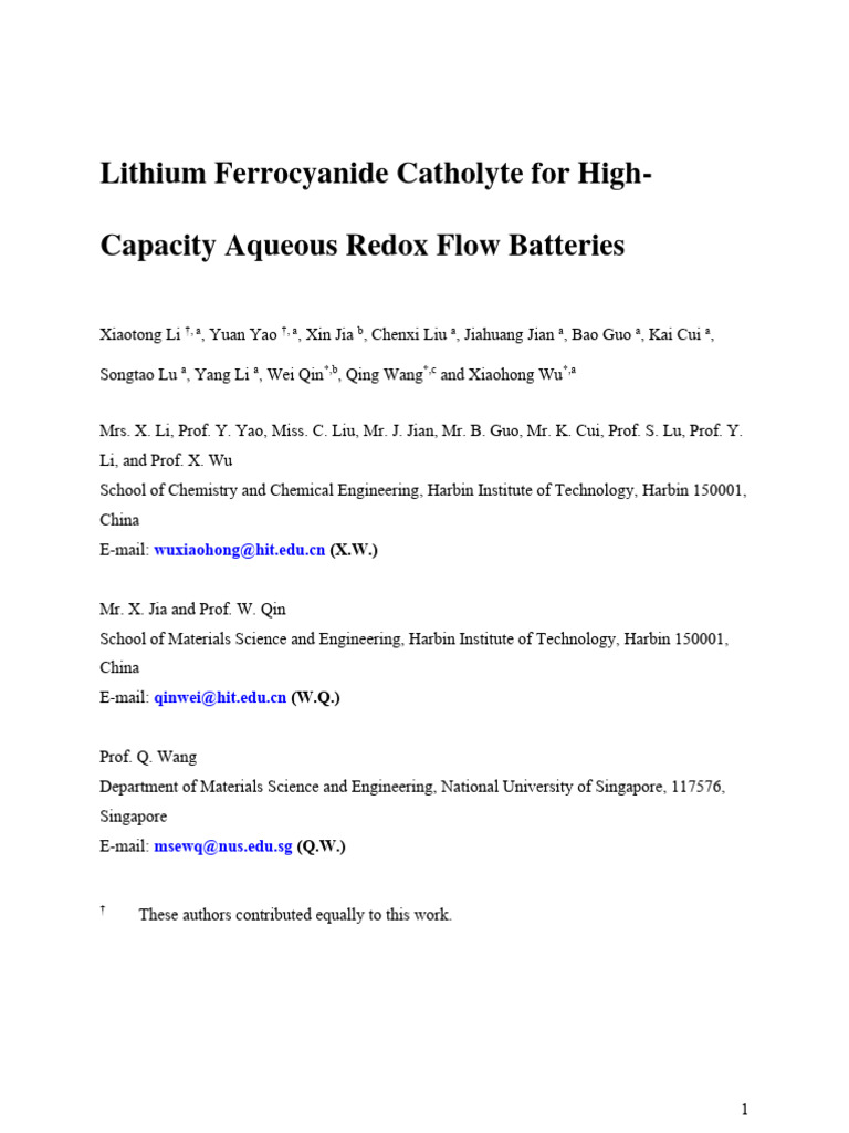 Lithium Ferrocyanide Catholyte For High Capacity Aqueous Redox Flow ...