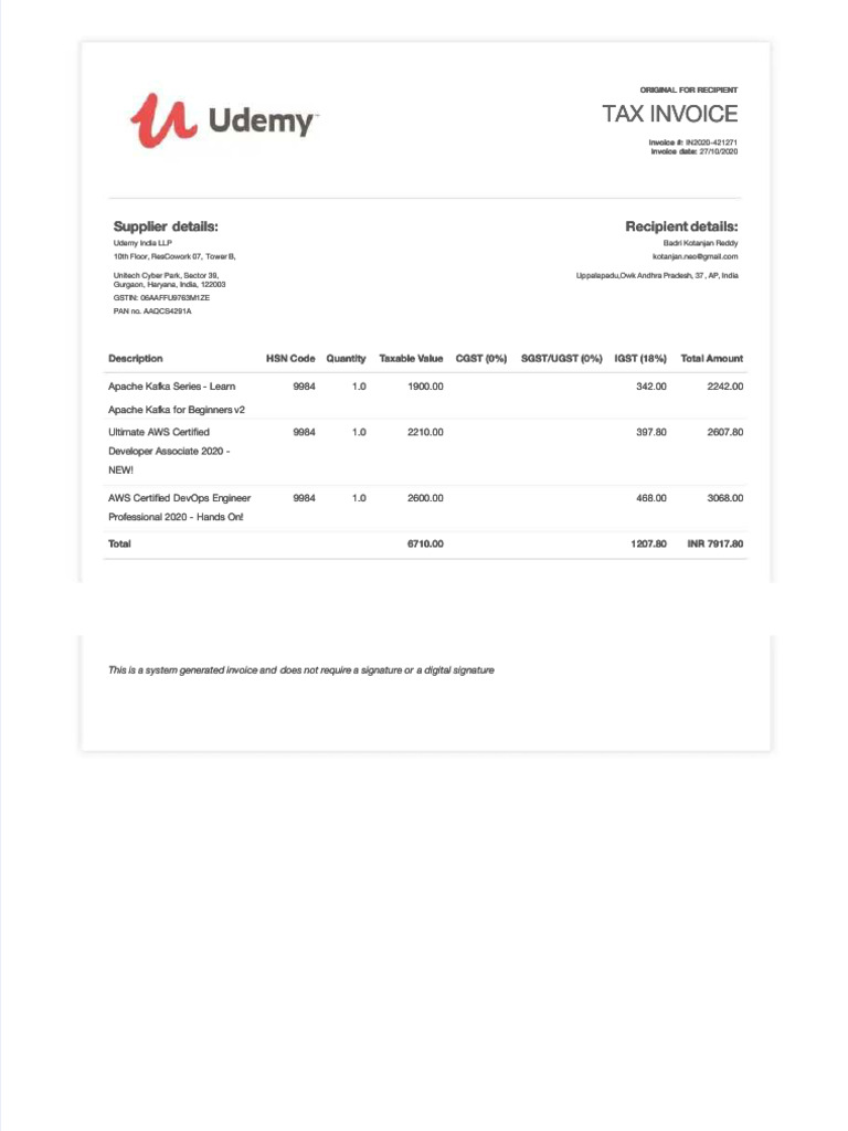 Udemy Invoice for Kafka Course | PDF