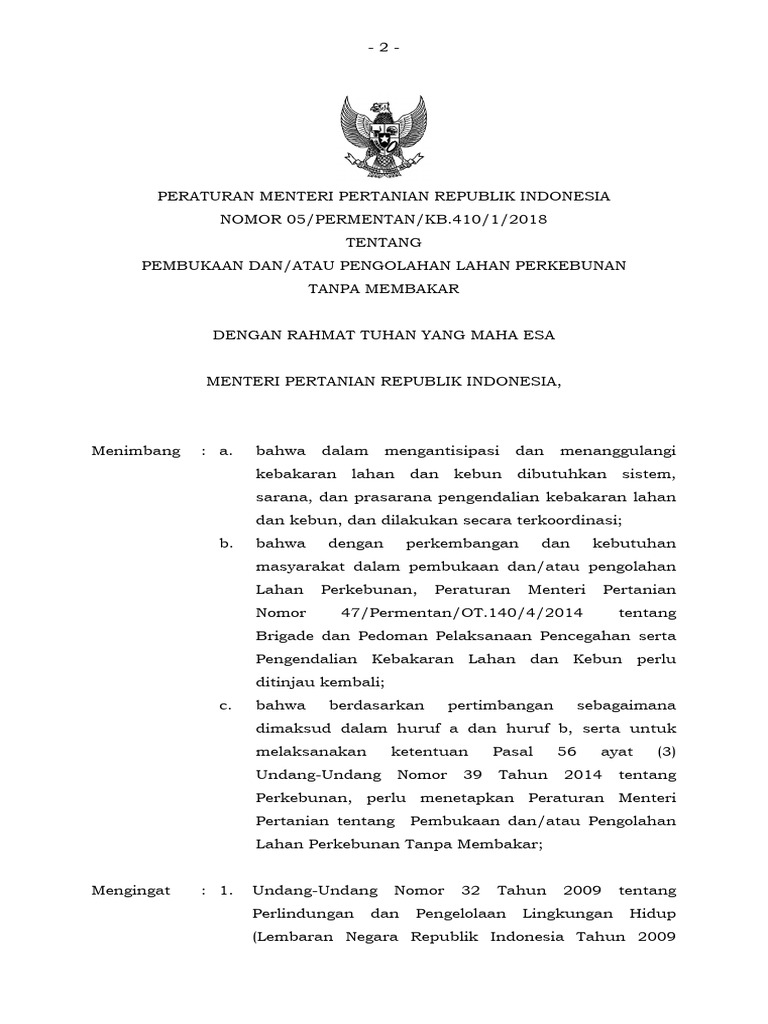 Permentan No. 5/2018: Pengolahan Lahan Perkebunan | PDF