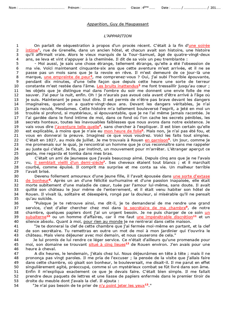 Guy de Maupassant Apparition - 20questionnaire | PDF | Mystère ...