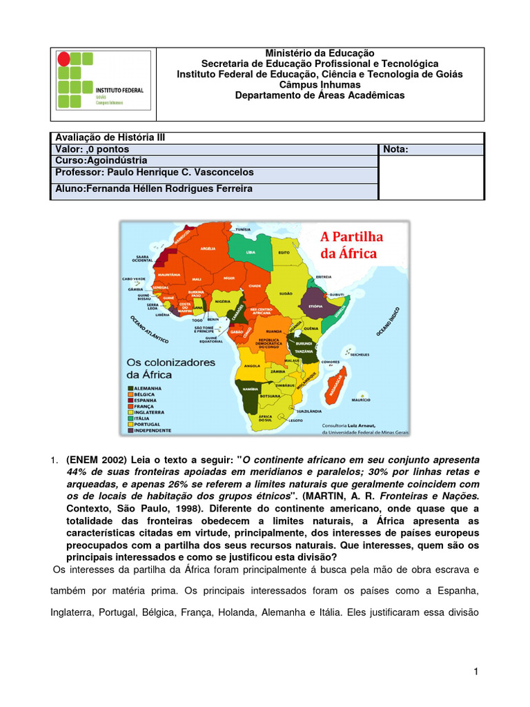 Avaliação de História-Fernanda Héllen-3A | PDF | Europa | África