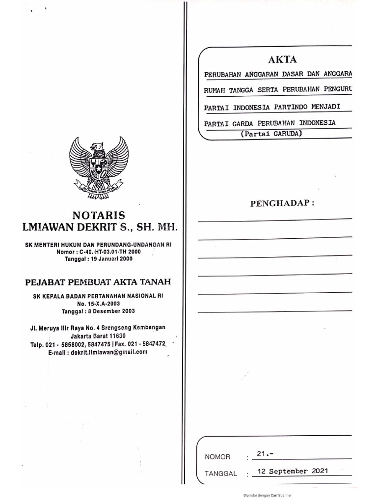 Akta No.21 Tgl.12!9!2021 - Perubahan Ad Art & Pengurus | PDF