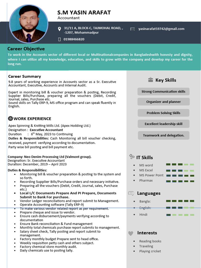 S.M Yasin Arafat - CV | PDF | Cash | Business