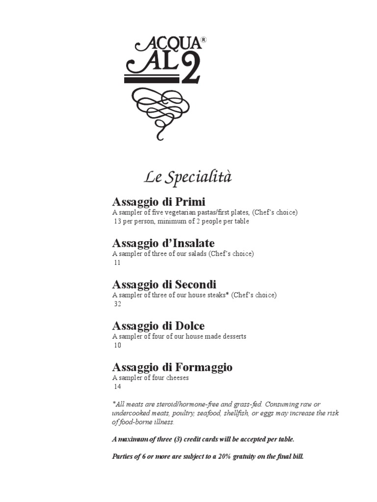 Acqua Al 2 DC Menu | PDF | Tomato Sauce | Pasta