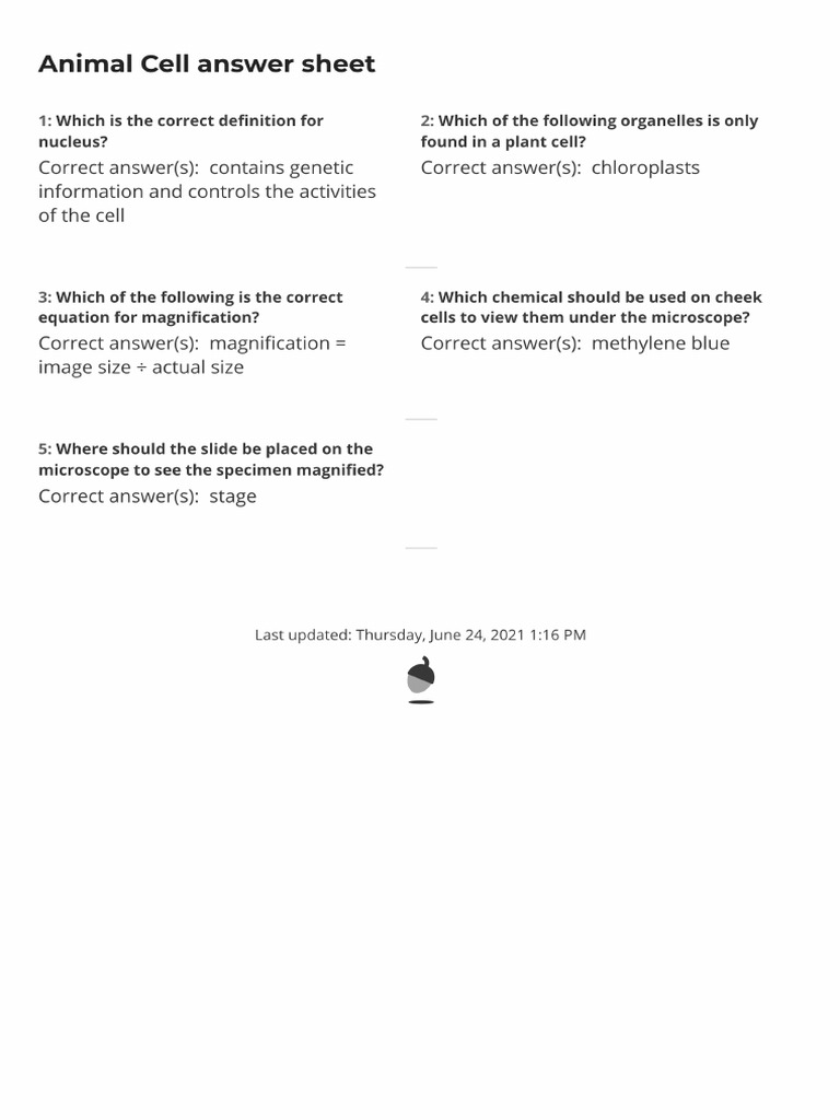 Animal Cells Exit Quiz Answers | PDF