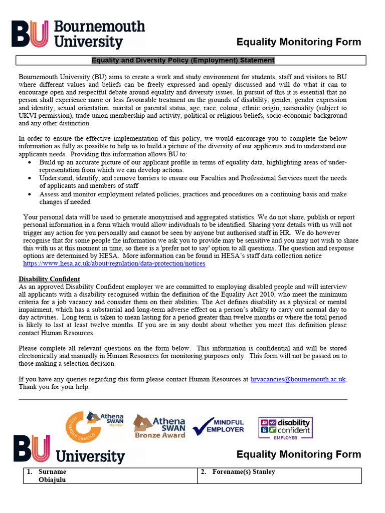 Equality Monitoring Form | PDF