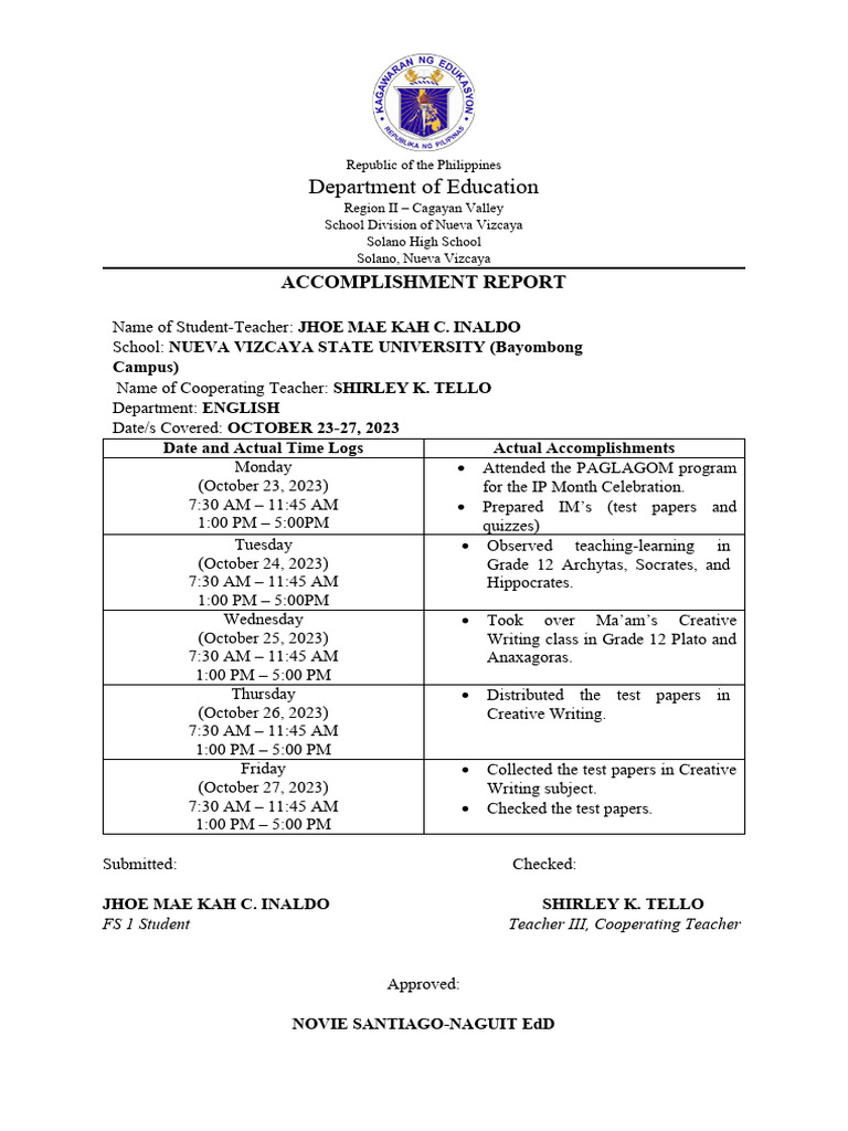 Student-Teacher Weekly Report | PDF