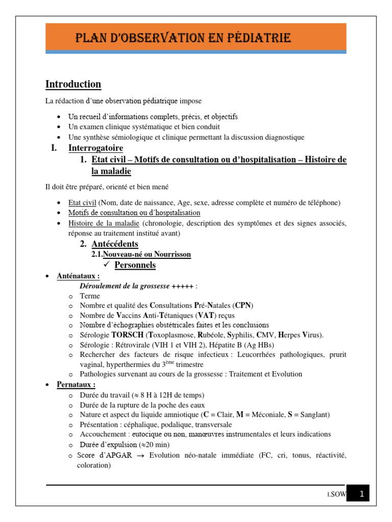Plan D'observation en Pédiatrie | PDF