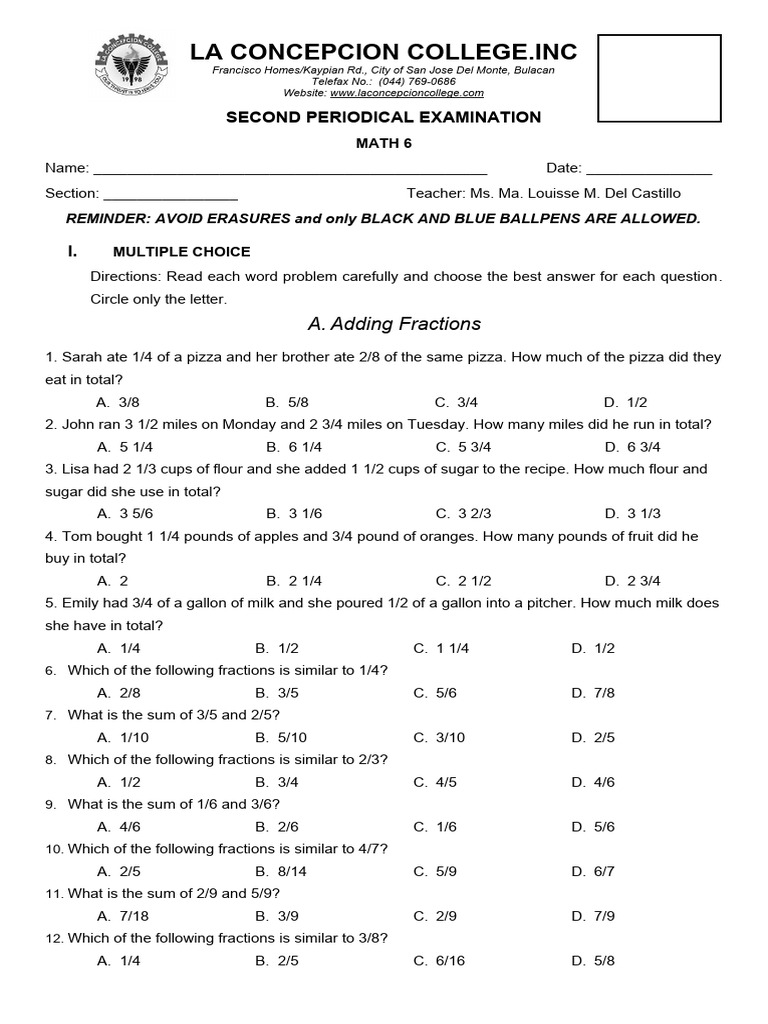 Grade 6 Math Exam: Fractions | PDF