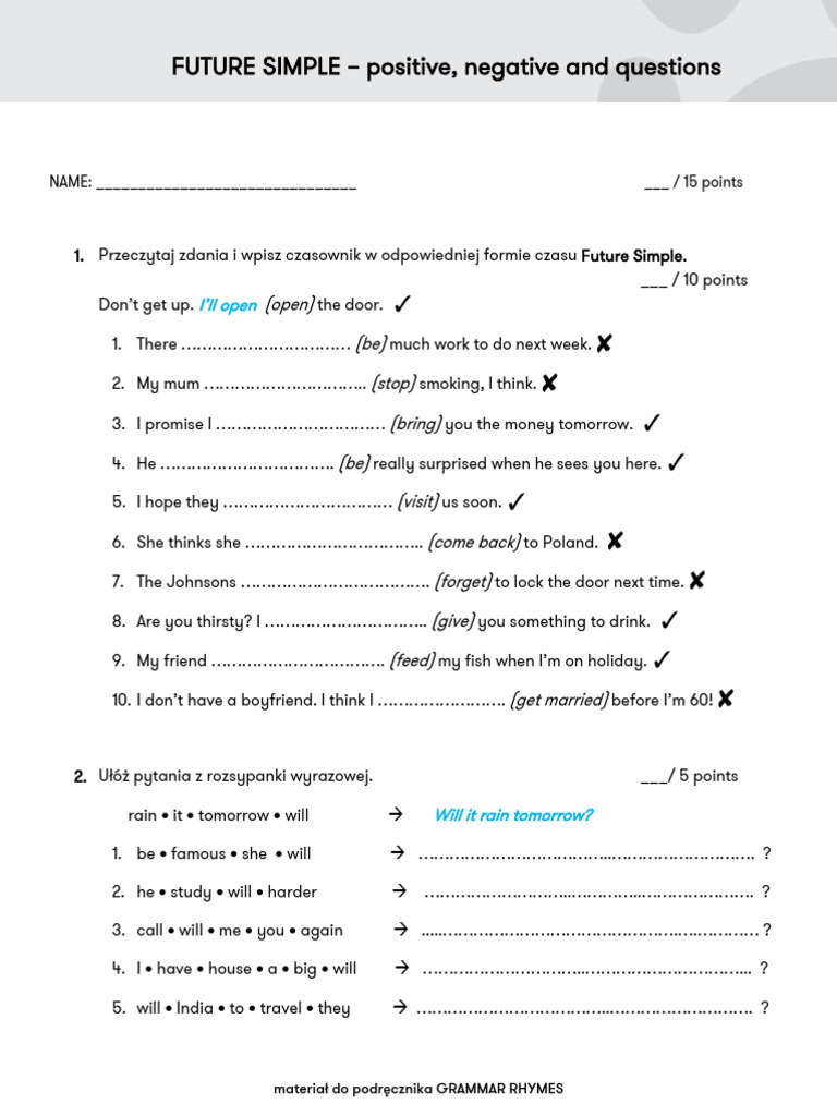Short Test FUTURE SIMPLE Positive Negative and Questions | PDF ...
