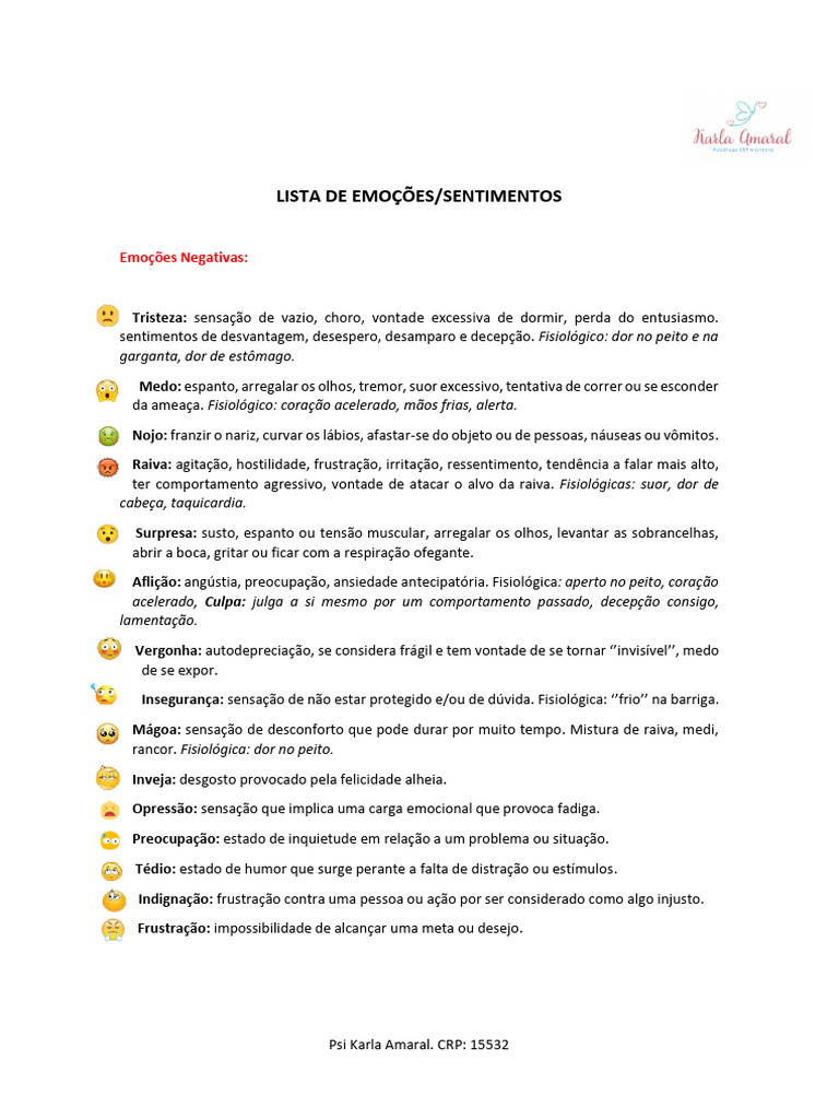 Lista de Sentimentos Positivos e Negativos | PDF | Afeto (Psicologia ...