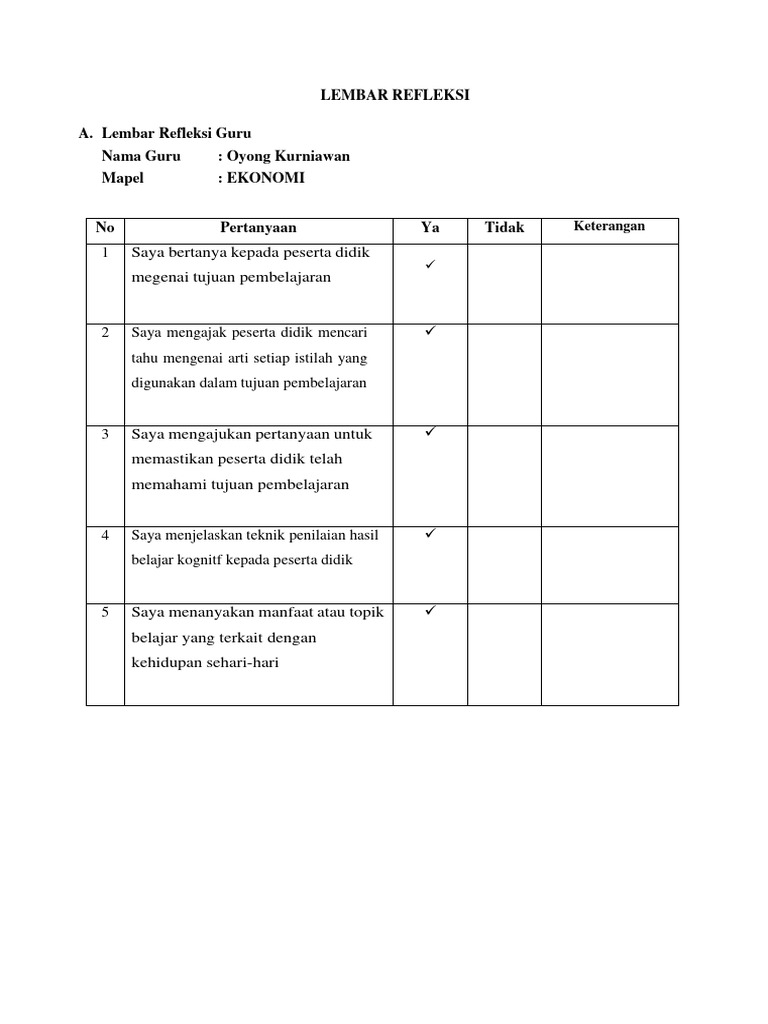 Lembar Refleksi Guru Dan Siswa | PDF