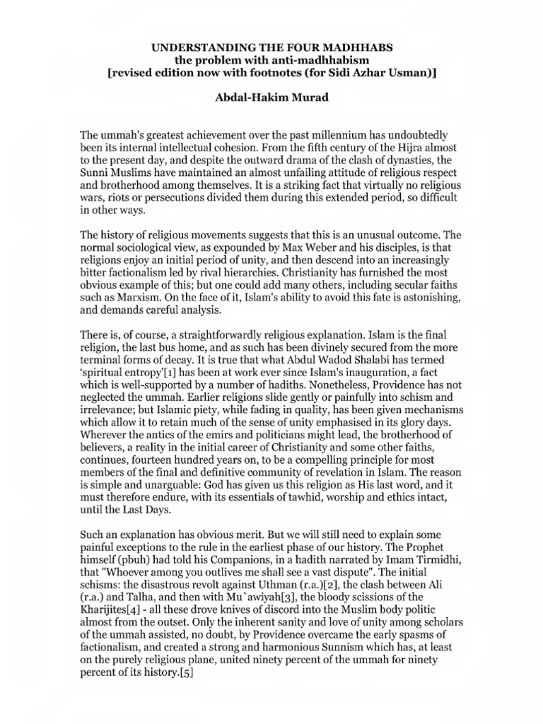 AbdalHakim Murad Understanding The Four Madhabs Text | PDF | Hadith | Sharia