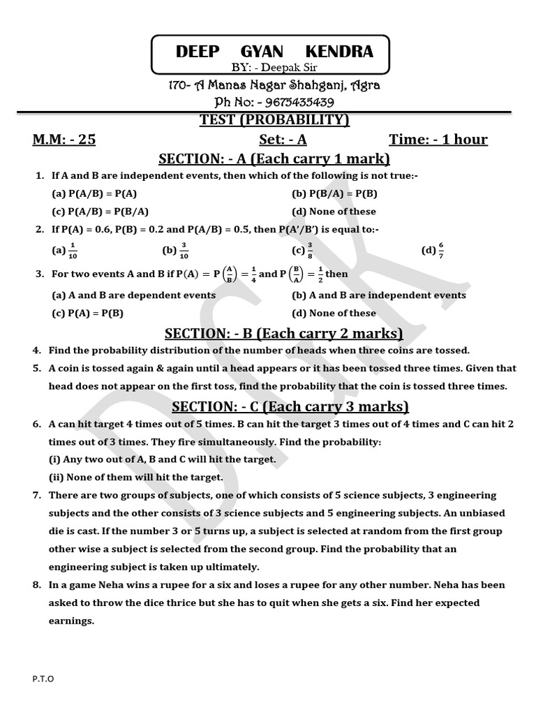 Probability Test Class 12 | PDF | Probability | Science