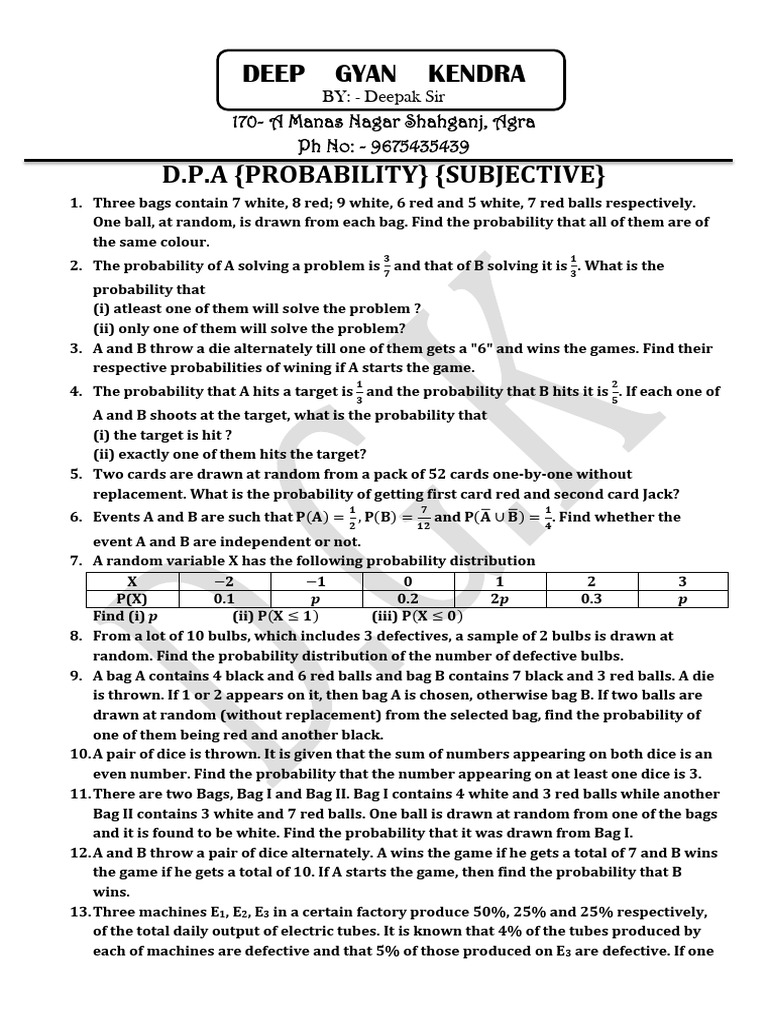 Probability Subjective 12th Class | PDF | Probability | Probability And ...