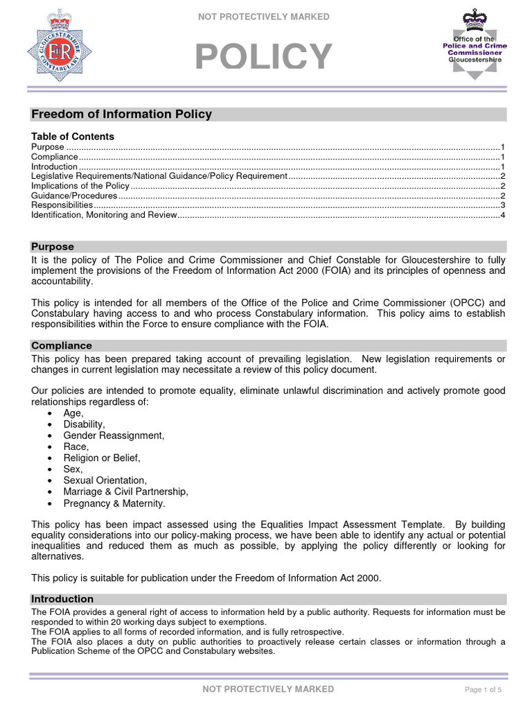 Gloucestershire Police Freedom of Information Policy | PDF