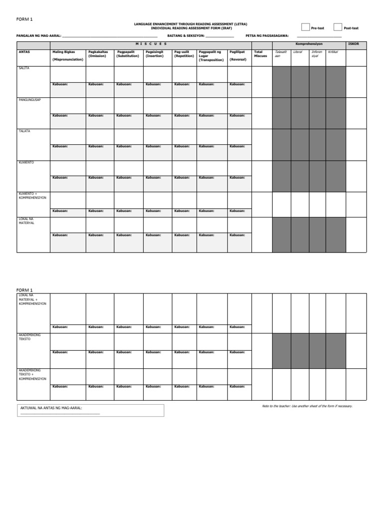 FORM 1 - Individual Reading Assessment Form | PDF