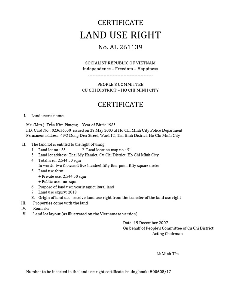 Land Use Right CERTIFICATE | PDF