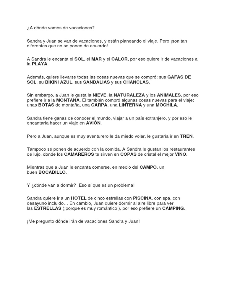 Lectura - A Donde Vamos de Vacaciones - A1 | PDF | Ciencias sociales ...