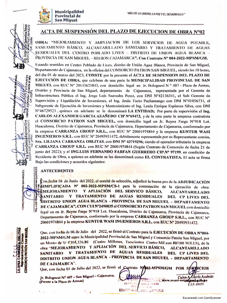 Acta de Suspensión de Obra N°02 | PDF